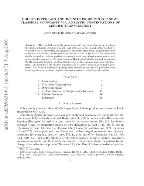 Pdf Double Integrals And Infinite Products For Some Classical Constants Via Analytic