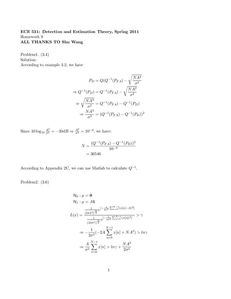 Detection And Estimation Theory Solutions To Homework 9 Ece 531 Docsity