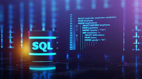 데이터베이스 및 컴퓨터 서버 배경이 있는 컴퓨터 모니터의 sql 문 코드 데이터베이스에서 데이터를 쿼리하는 sql 코드의