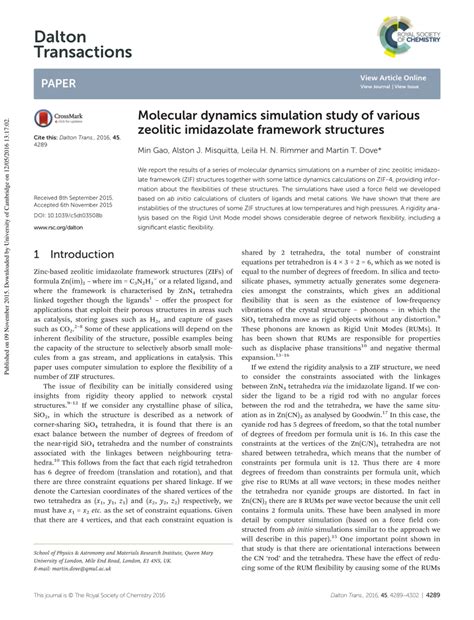 Pdf Molecular Dynamics Simulation Study Of Various Zeolitic