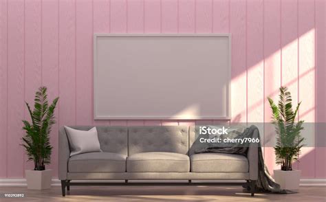 흰색 프레임 및 분홍색 벽과 나무 바닥 3d 렌더링 럭셔리 거실 빈티지 스타일 배경 룸 인테리어 홈 디자인 앞 방에 회색 소파를