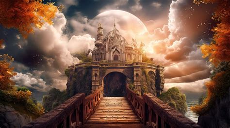 꿈 같은 판타지 배경 화면에서 성 다리 위에 지상낙원 그림 지구 천국 배경 일러스트 및 사진 무료 다운로드 Pngtree