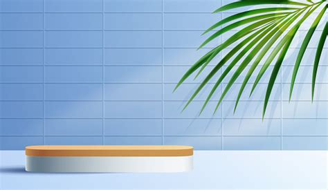 화장품 파란색 배경과 제품 프리젠 테이션 브랜딩 및 포장 프리젠 테이션을위한 프리미엄 연단 디스플레이 잎 배경의 그림자가있는 스튜디오 무대 벡터 디자인 0명에 대한 스톡
