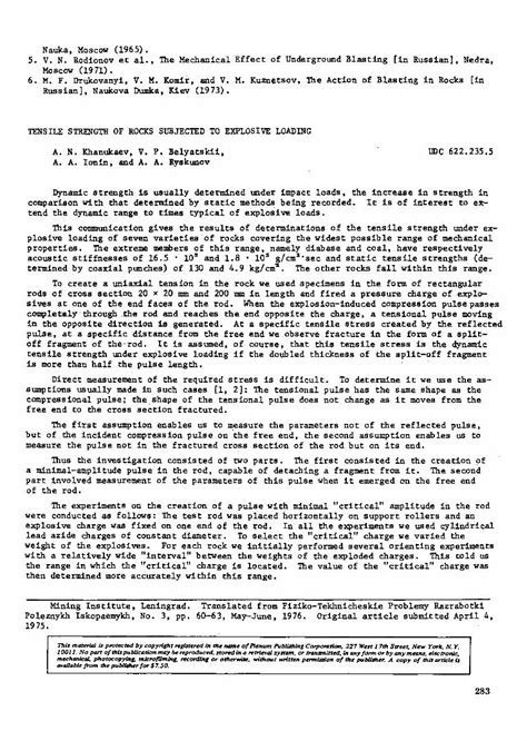Pdf Tensile Strength Of Rocks Subjected To Explosive Loading