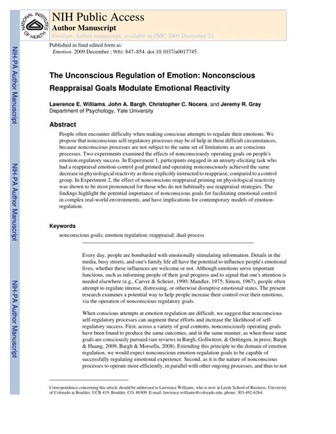 Pdf The Unconscious Regulation Of Emotion Nonconscious Reappraisal