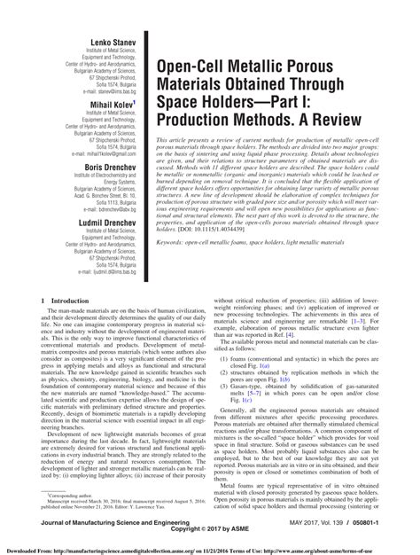 Pdf Open Cell Metallic Porous Materials Obtained Through Space Holders—part I Production