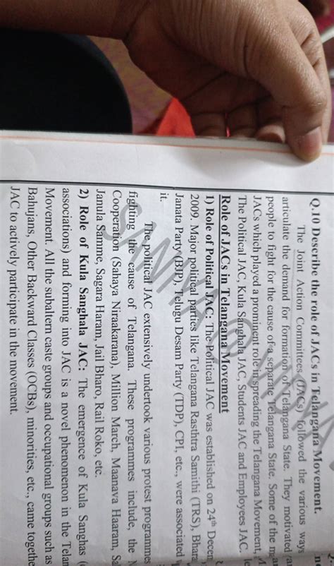 Q10 Describe The Role Of Jacs In Telangana Movement The Joint Action Co