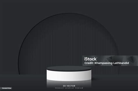 흰색 검정색 3d 실린더 연단 받침대는 반원 문 배경 앞에 현실적으로 배치됩니다 모형 또는 제품 프레젠테이션 쇼케이스를 위한 최소한의 장면 3d 벡터 기하학적 형태 디자인