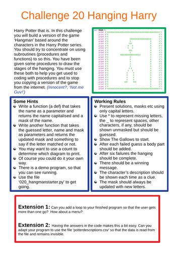 Python Challenge 20 Hanging Harry Teaching Resources