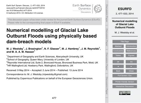 Pdf Numerical Modeling Of Glacial Lake Outburst Floods Using