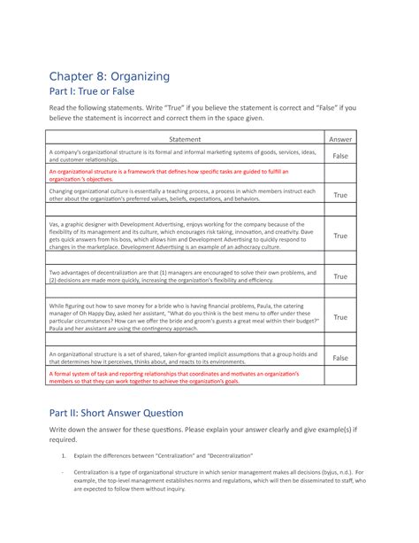 Chapter 8 Assignment For Bus 206 At Stiu Chapter 8 Organizing Part