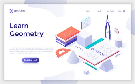 노트북에 있는 교과서 기하학적 도형 및 그림이 있는 랜딩 페이지 템플릿 기하학 학습 과정의 개념 학교 규율 학습 웹 사이트에 대 한 현대 Isometric 벡터 그림 3차원