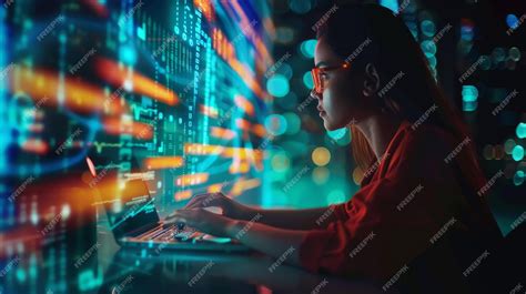 During The Night A Woman Is Thinking Of Data Analytics Information Technology Or A Software