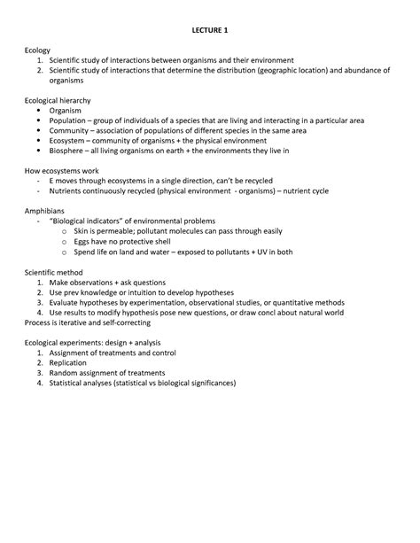 Lecture Notes LECTURE Ecology Scientific Study Of Interactions Between Organisms And