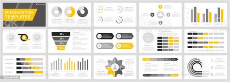 그래프와 차트가 있는 다목적 프레젠테이션 템플릿 슬라이드에 대한 노란색 회색 및 검은색 요소 집합입니다 인포그래픽에 대한 스톡