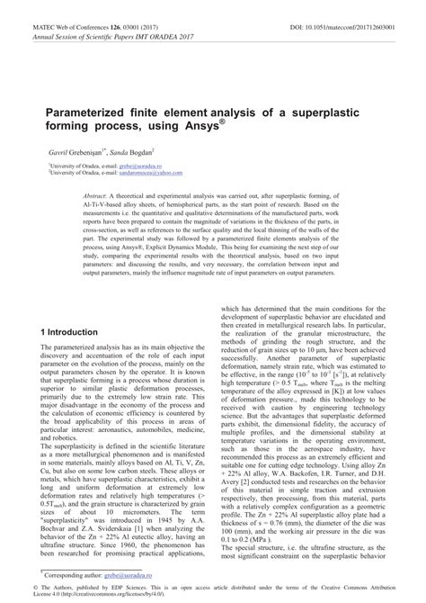Pdf Parameterized Finite Element Analysis Of A Superplastic Forming