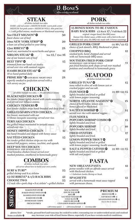Menu At 13 Bones Restaurant Mount Airy
