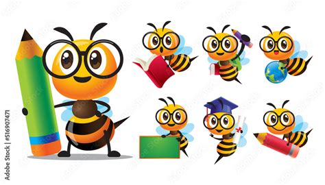 Cartoon Cute Bee Character With Glasses Back To School Series With