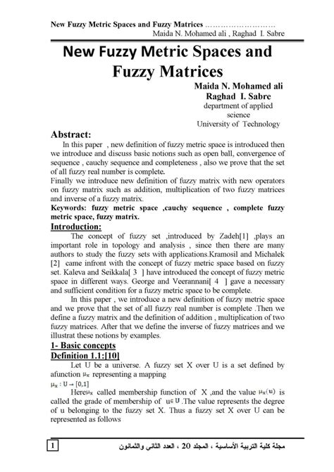 Pdf New Fuzzy Metric Spaces And Fuzzy Matrices