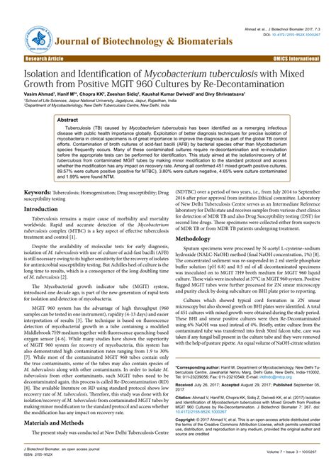Pdf Isolation And Identification Of Mycobacterium Tuberculosis With