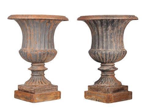 Pair Of 19th Century Neoclassical Iron Garden Urns By Val Dosne
