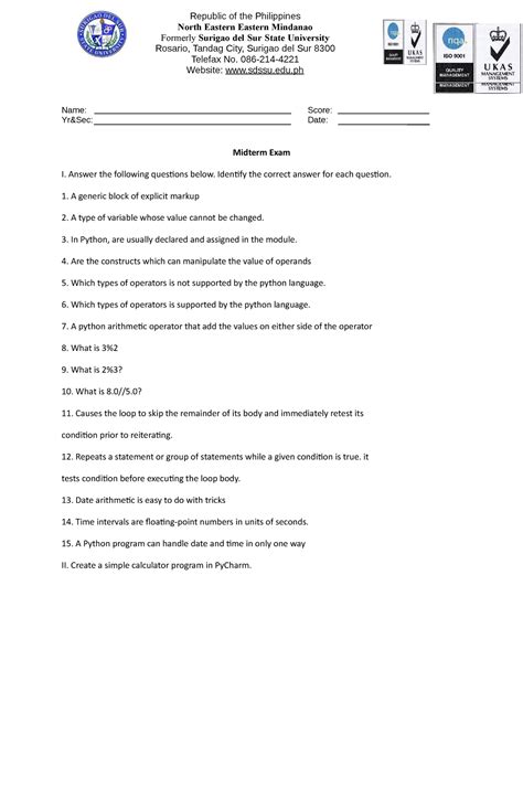 Oop Midterm Exam Notes Name Score Yrandsec Date Midterm Exam I