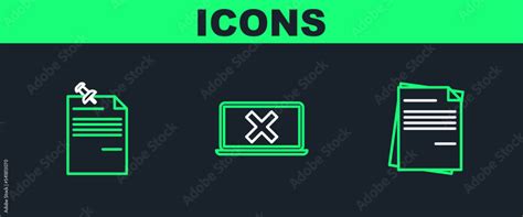 Set Line File Document Note Paper With Pinned Pushbutton And Laptop And Cross Mark Screen Icon