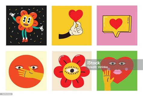 70 년대 그루비 스퀘어 포스터 카드 또는 스티커 히피 귀여운 다채로운 펑키 캐릭터 개념의 미친 기하학적 물방울 이모티콘과 함께