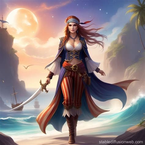 A Pirate Lady Standing With A Sword On The Upper Deck Of A Pirate Ship