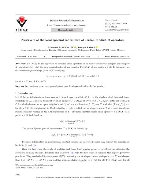 Pdf Preservers Of The Local Spectral Radius Zero Of Jordan Product Of Operators