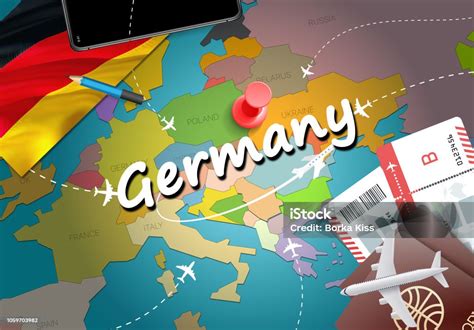 비행기 티켓 Gergermany 여행 개념 지도 배경 비행기 티켓 Visimany 여행 개념 지도 배경 독일 여행 및 관광 대상 개념을 방문 하십시오 지도에 독일