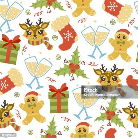 크리스마스 기호 원활한 벡터 패턴 흰색 배경에 격리 된 손으로 그린 그림 축제 요소 순록 진저 브레드 선물 안경 홀리 양말 플랫 만화 스타일 원시적인 12월에 대한 스톡