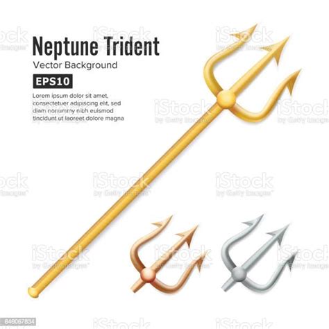 해왕성 트라이던트 벡터입니다 포세이돈 무기의 현실적인 3d 실루엣입니다 금은 청동 갈 퀴 날카로운 포크 개체입니다 흰색 배경에 고립 삼지창 창에 대한 스톡 벡터 아트 및
