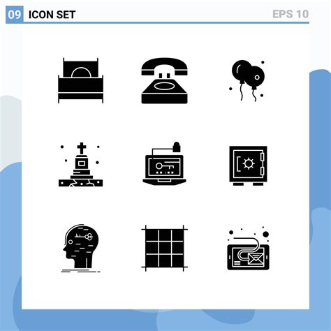 Set Of 9 Vector Solid Glyphs On Grid For Access Grave Contact Us Funeral Nature Editable Vector