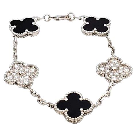 Van Cleef And Arpels Alhambra 18k White Gold Diamond Onyx Bracelet At