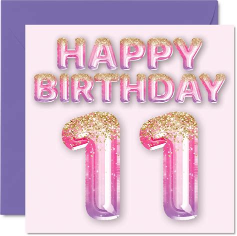 11th Birthday Card For Girls Pink And Purple Glitter Balloons Happy