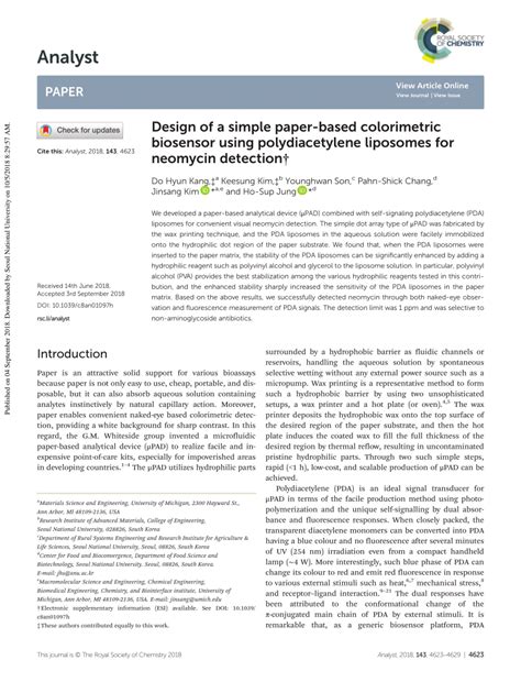 Pdf Design Of A Simple Paper Based Colorimetric Biosensor Using Polydiacetylene Liposomes For