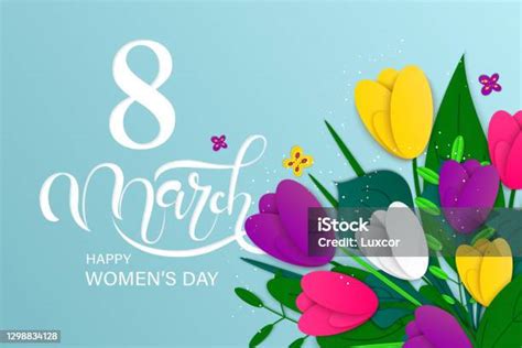 세계 여성의 날 인사말 카드 3d 종이 컷 봄 꽃 튤립과 나비 청록색 배경과 수선화의 꽃다발을 잘라 0명에 대한 스톡 벡터 아트 및 기타 이미지 Istock