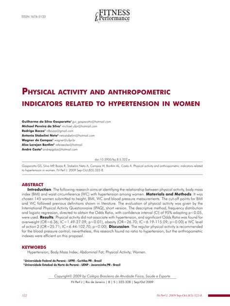 Pdf Physical Activity And Anthropometric Indicators Related To Hypertension In Women