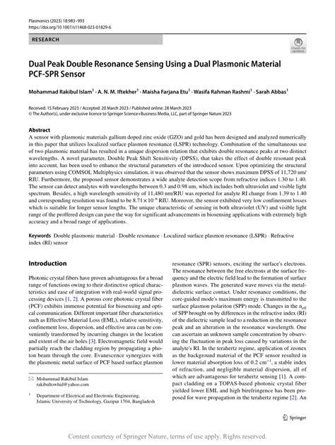 Dual Peak Double Resonance Sensing Using A Dual Plasmonic Material Pcf Spr Sensor Request Pdf