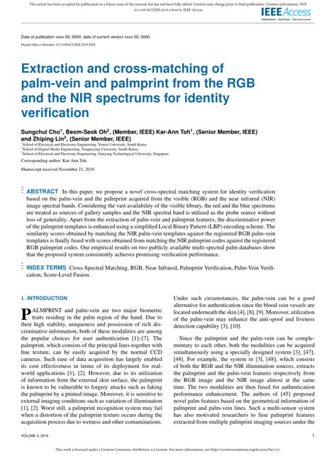 Pdf Extraction And Cross Matching Of Palm Vein And Palmprint From The Rgb And The Nir