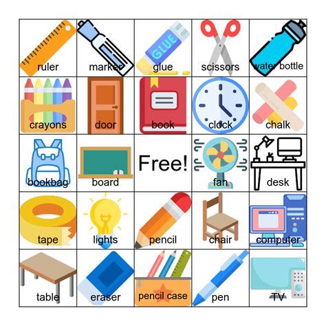 School Objects Bingo Card