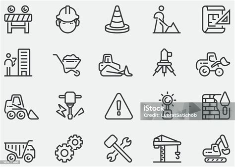 건설 건물 프로젝트 건축 주택 엔지니어링 수리 개조 청사진 헬멧 도구 빌드 크레인 건물 토지 굴삭기 유지 보수 계약자 작업자 포함 선 아이콘 건설 현장에 대한 스톡 벡터