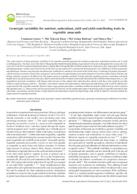 Pdf Genotypic Variability For Nutrient Antioxidant Yield And Yield