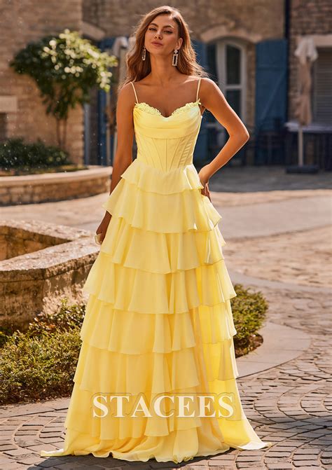 A Line Cowl Neck Chiffon Satin Layered Ruffle Prom Dress With Applique