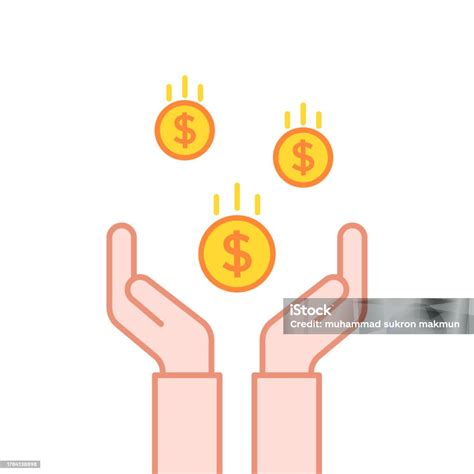 만화 윤곽 손과 떨어지는 동전 플랫 스타일 트렌드 현대 선형 간단한 로고 타입 그래픽 미니멀 디자인 흰색 배경에 고립되어 있습니다 캐쉬백 또는 도박 또는 상거래 성공 저장의