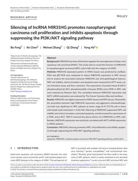 Pdf Silencing Of Lncrna Mir31hg Promotes Nasopharyngeal Carcinoma Cell Proliferation And