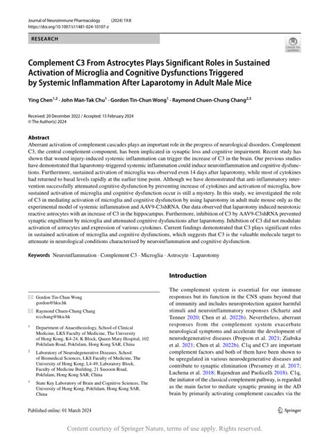 Pdf Complement C3 From Astrocytes Plays Significant Roles In