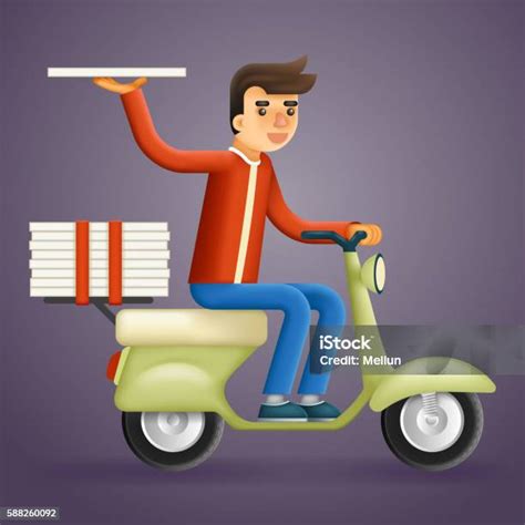 현실적인 피자 배달 택배 오토바이 스쿠터 상자 개념 고립 된 만화 3차원 형태에 대한 스톡 벡터 아트 및 기타 이미지 3차원 형태 개념 개념과 주제 Istock