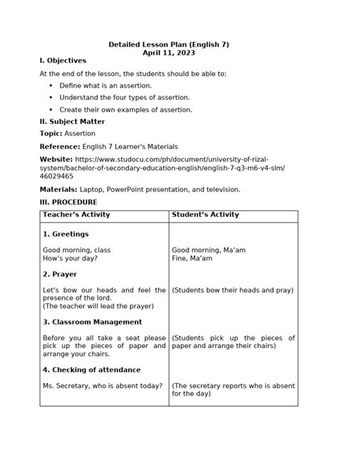 Assertion Lesson Plan Pdf